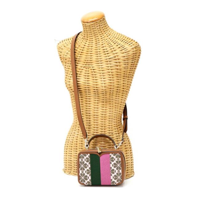 ケイトスペード Kate Spade スペード フラワー ジャカード ストライプ ミニ バニティバッグ ジャカード (キャンバス) / レザー PXRUB268 2WAYバッグ 肩掛け ハンドバッグ 手提げかばん トップハンドルバッグ レディース ブラウン / ピンク / グリーン 美品 中古 mbb26001