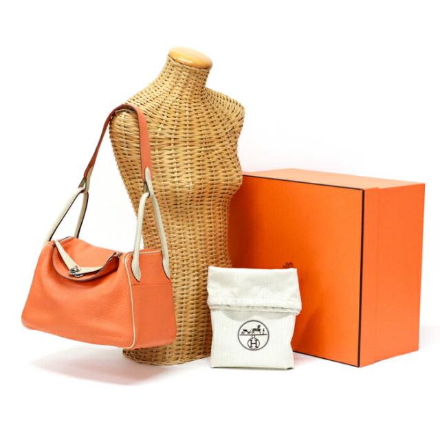 【Bランク】 エルメス HERMES リンディ 30 トリヨンクレマンス (レザー) SV金具 バイカラー □M刻印 2009年 ショルダーバッグ 肩掛け 2WAYバッグ ハンドバッグ 手提げかばん レディース メンズ オレンジ / パルシュマン (ベージュ) 中古 mbb14001