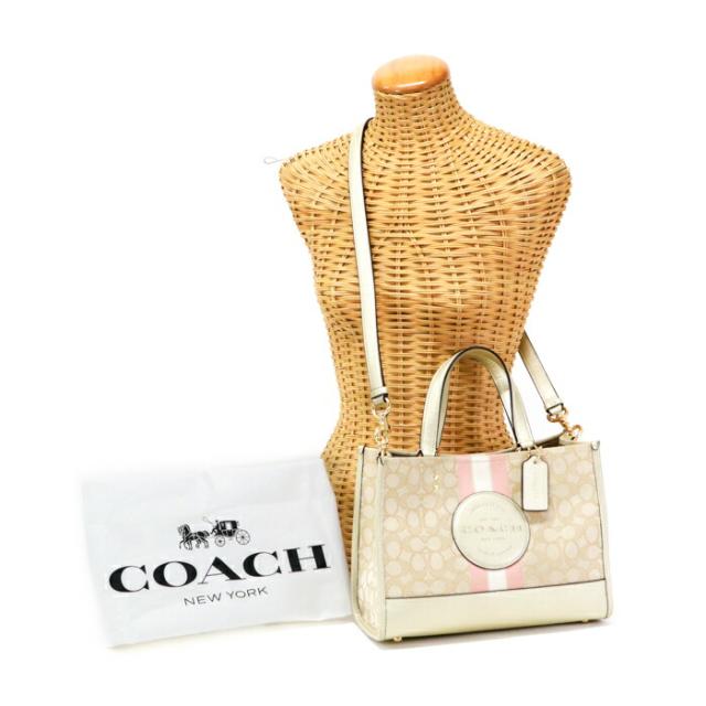 【ABランク】 コーチ COACH デンプシー キャリーオール シグネチャー ジャカード ストライプ アンド コーチ パッチ キャンバス レザー CE984 ハンドバッグ 2WAYバッグ レディース ライト カーキ (ベージュ) / ゴールド / ピンク 正規品 中古 mbe02009