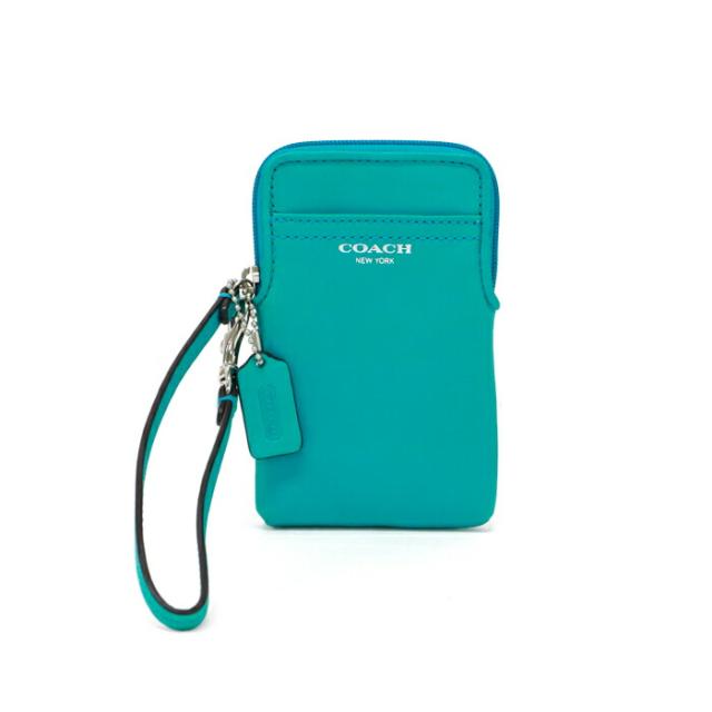 コーチ COACH ポーチ レザー スマホポーチ 携帯ケース 小物入れ パスケース 定期入れ 名刺入れ カードケース リストレット レディース メンズ ターコイズブルー 中古 mbe04016