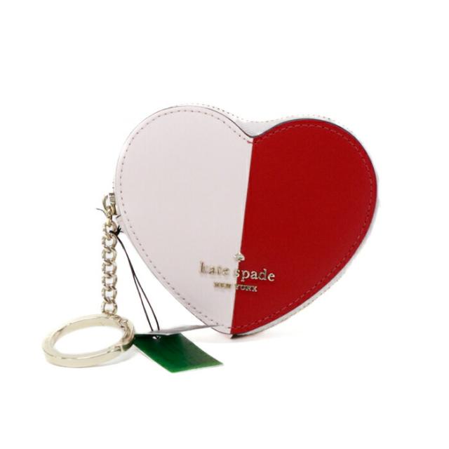 ケイトスペード Kate Spade ケース レザー バイカラー ハート型 KA515 マルチケース ラウンドファスナー ポーチ 小銭入れ 小物入れ キーホルダー チャーム レディース レッド / ピンク 美品 中古 mbe25008