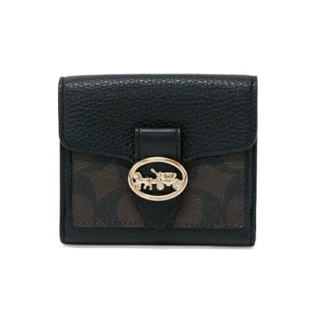 【ABランク】 コーチ COACH ジョージー スモール ウォレット シグネチャー キャンバス リファインド ペブル レザー / PVC ホース アンド キャリッジ ロゴ 7250 三つ折り財布 かぶせ蓋 コンパクトウォレット レディース ブラック / ブラウン 中古 正規品 mbg26003