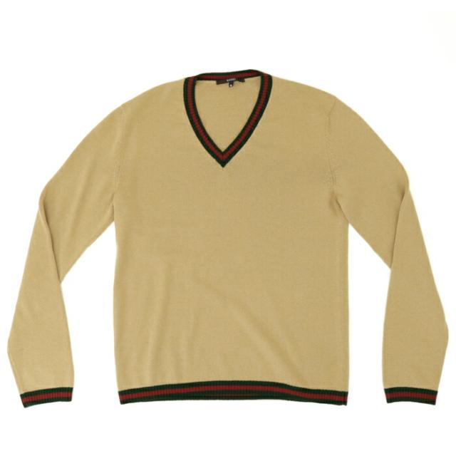 【ABランク】 グッチ GUCCI ニット XLサイズ ウール100％ シェリーライン 268951 セーター Vネック 長袖 トップス レディース メンズ ベージュ 正規品 中古 mbj26038