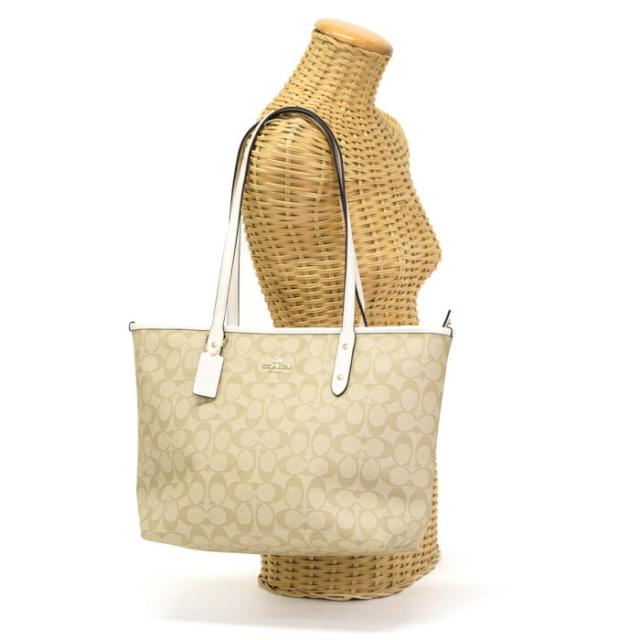 【ABランク】 コーチ COACH シティジップトート PVC / レザー シグネチャー F58292 トートバッグ 肩掛け ビジネスバッグ ハンドバッグ レディース チョーク (ベージュ) 正規品 中古 mbl16020