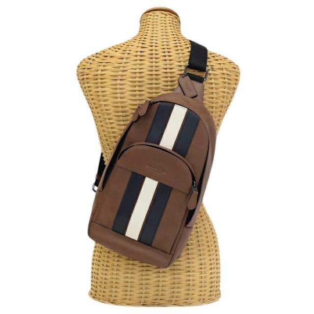 【ABランク】 コーチ COACH チャールズ パック レザー ヴァーシティ ストライプ レザー F23215 ショルダーバッグ クロスボディ 斜めかけ 肩掛け スリングバッグ メンズ ブラウン / ブラック / ホワイト 正規品 中古 mbm21002