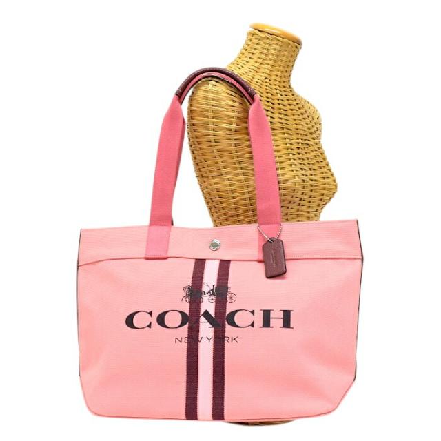 【Aランク】 コーチ COACH トート ウィズ ストライプ キャンバス / リファインド ペブル レザー ディテール 391 ハンドバッグ 手提げかばん トートバッグ レディース ピンク 正規品 美品 中古 mbm21014