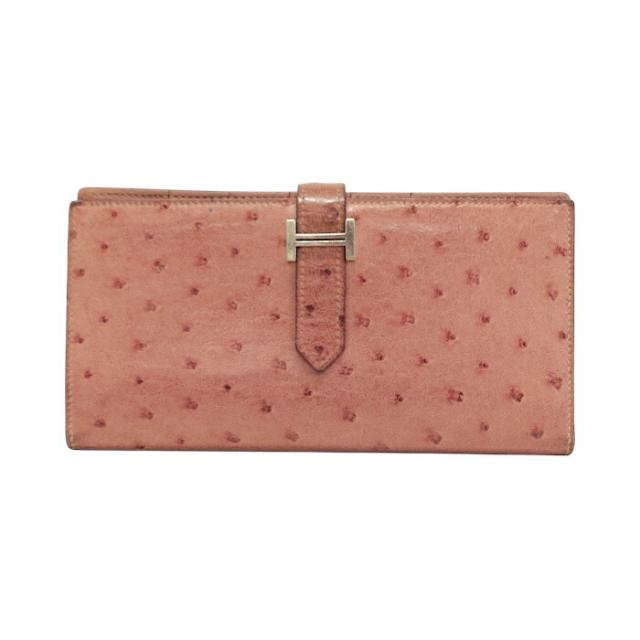 【Bランク】 エルメス HERMES ベアン スフレ オーストリッチ (レザー) エキゾチックレザー X刻印 2016年 長財布 二つ折り財布 かぶせ蓋 コンチネンタルウォレット ロングウォレット H金具 レディース テリキュート (ピンク) 正規品 中古 mbn01001