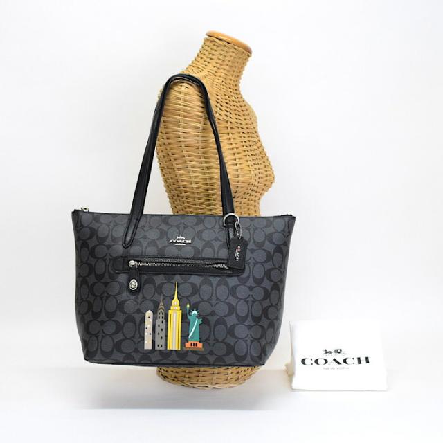 【SAランク】 コーチ COACH NY ストーリーズ スカイライン シグネチャー トートバッグ PVC / レザー 31204 手提げかばん 肩掛け 通勤 通学 レディース グレー /ブラック / グリーン 正規品 極美品 中古 mbn03003