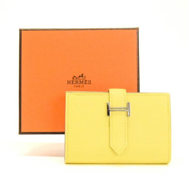 【Sランク】 エルメス HERMES ベアン ミニ シェーブル (レザー) SV金具 W刻印 (2024年) 二つ折り財布 かぶせ蓋 コンパクトウォレット カードケース H金具 レディース リモンチェッロ (イエロー) 正規品 新品同様 中古 mbq10003