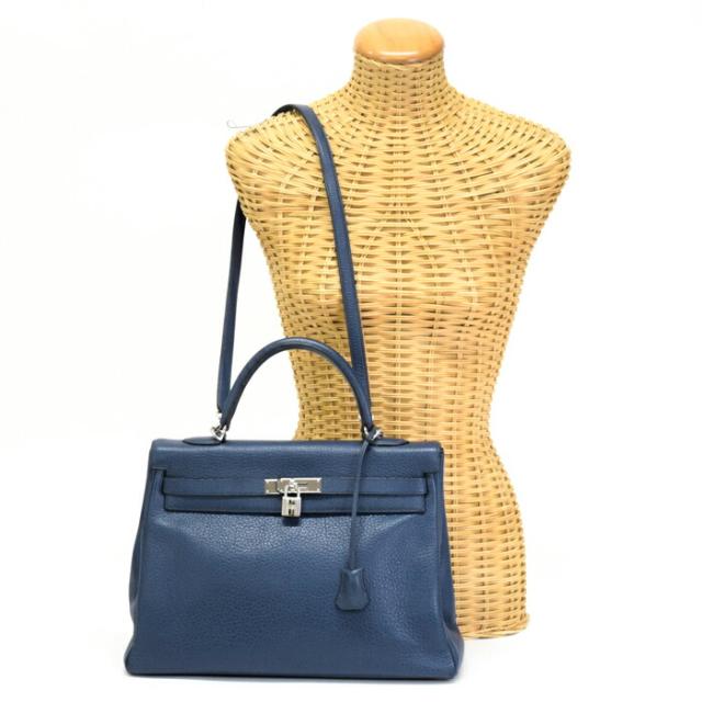 【ABランク】 エルメス HERMES ケリー 35 内縫い ブッフル (レザー) SV金具 □E刻印 (2001年) ハンドバッグ トップハンドルバッグ 2WAYバッグ 肩掛け トラベルバッグ ストラップ付き V金具 レディース メンズ ブルー 正規品 中古 mbq22001