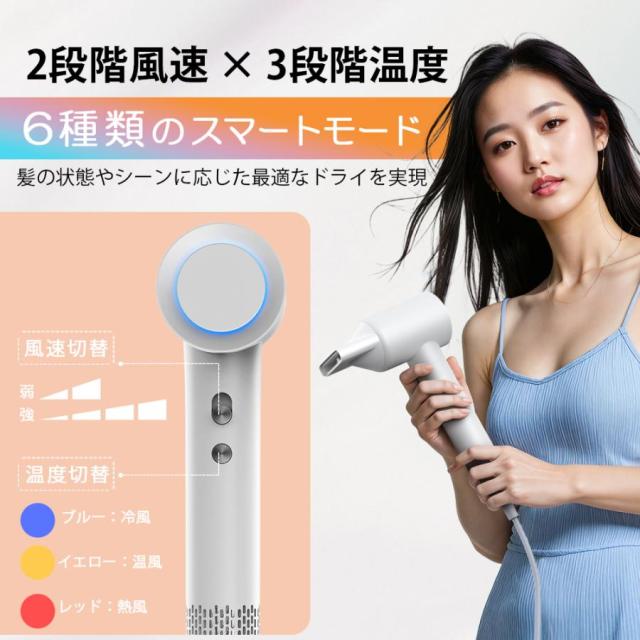 360°回転軽量ドライヤー 6段階 温度調節 風速調節 冷風 ノズル 大風量 速乾 マイナスイオン 静電気 うるおい ツヤ 美髪 ヘアケア ヘアドライヤー