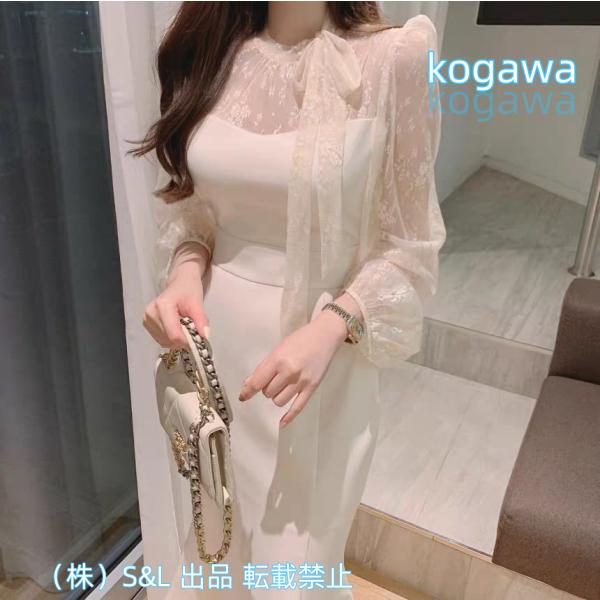 パーティードレス 結婚式 お呼ばれドレス マーメイドワンピース マーメイドドレス 株式会社S＆L シアー袖 ボウタイリボン パフスリーブ 袖あり 長袖 黒 膝下丈