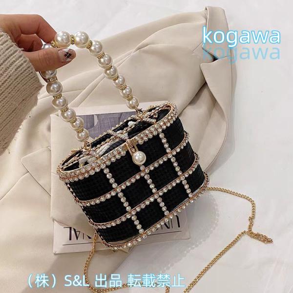 イブニングクラッチバッグ女性の高級パールビーズメタリックケージハンドバッグパーティー財布バッグイブニングバッグ (Color : Black Size : 18.8*9*12cm)