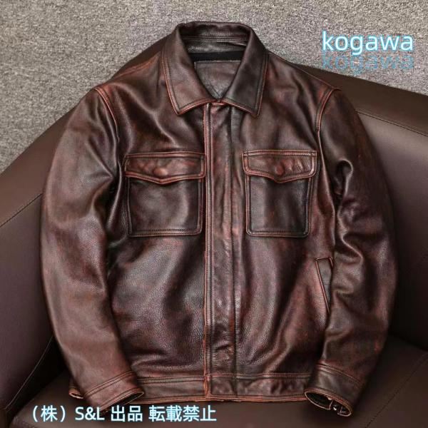 新品推薦☆アメカジ ダスト/ユーズド加工☆カウハイド メンズ 革ジャン 株式会社S＆L レザージャケット ジャンパー ブラウン