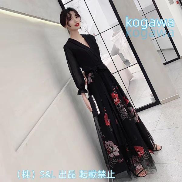 お呼ばれドレスパーティードレスイブニングドレスロングドレス20代30代40代袖あり大きいサイズお呼ばれS＆L着痩せ花嫁発表会卒業会二次会フォーマル花柄