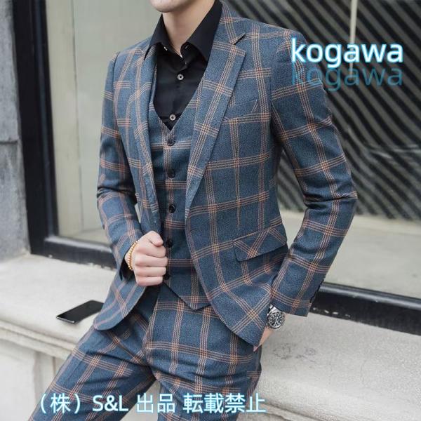 3ピーススーツ メンズ 結婚式 ビジネススーツ 紳士 スリーピース スリーピー 株式会社S＆L 細身 1つボタン チェック柄 スーツ セットアップ 秋