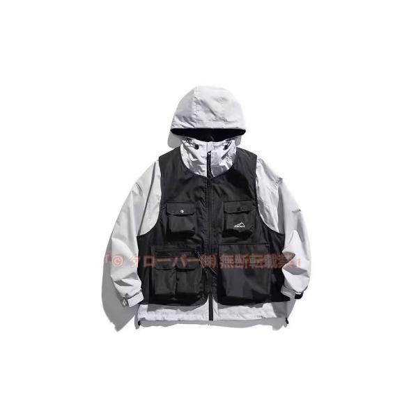 テックウェア アウトドア ワークウェア マルチポケット ベスト フード付き ウィンドブレーカー 防水 通気性 保温性