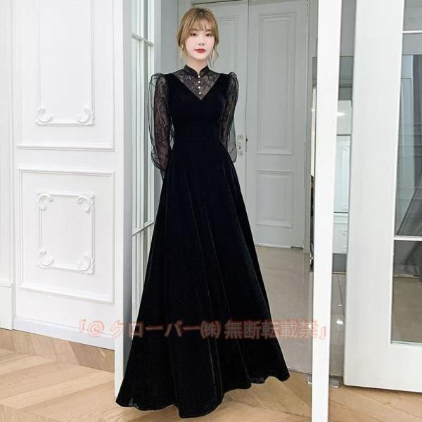 パーティードレス 結婚式 お呼ばれドレス 袖あり ロング 長袖 シースルー袖 ロングドレス 黒 大きいサイズ 3L 小さいサイズ 韓国 おしゃれ