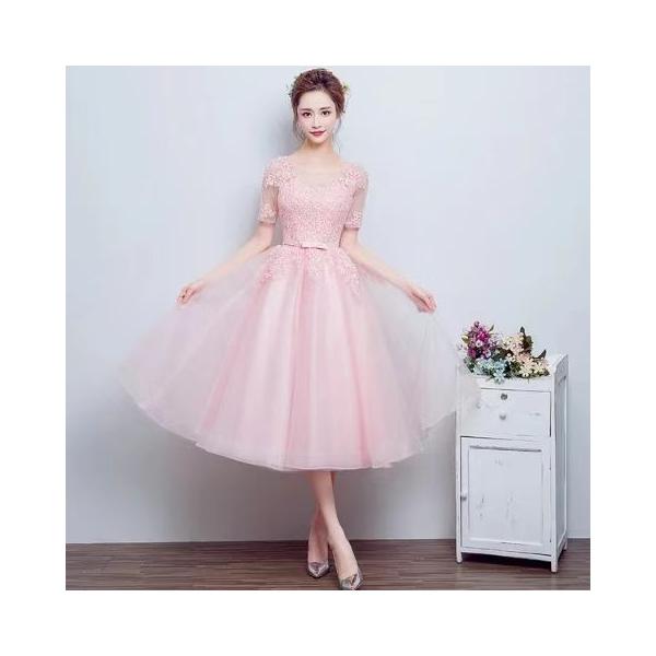 ミモレ丈ドレス結婚式ワンピースパーティードレス袖付き母親結婚式ミモレ丈ピアノ発表会ドレス袖あり大きいサイズ体型カバーピンクシャンパンSMLXL2XL