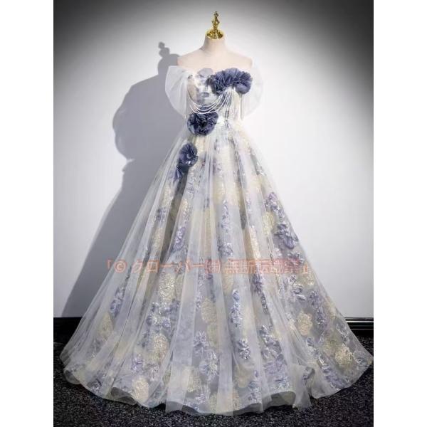 カラードレス 2Way ロングドレス パーティードレス イー 花柄 青 ウェディングドレス ウエディングドレス 結婚式 二次会 花嫁 前撮り 演奏会 発表会