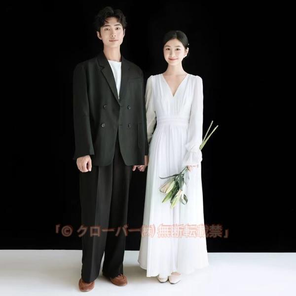 ウェディングドレス ウエディングドレス 二次会 結婚式 前撮り ブライダル ロングドレス 花嫁 スレンダードレス スレンダーライン 白 長袖 Vネック ファスナー