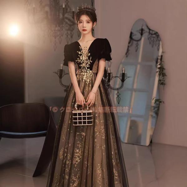 イブニングドレス 黒 ベロア ベルベット 発表会ドレス ロングドレス スパンコール キラキラ キレイめ パフスリー ブフェミニン 結婚式ドレス パーティードレス