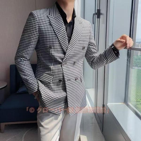 テーラードジャケット メンズジャケット スーツジャケット ダブルブレスト 千鳥格子 チェック柄 細身 商務 通勤 ビジネス 春新作 M~4XL