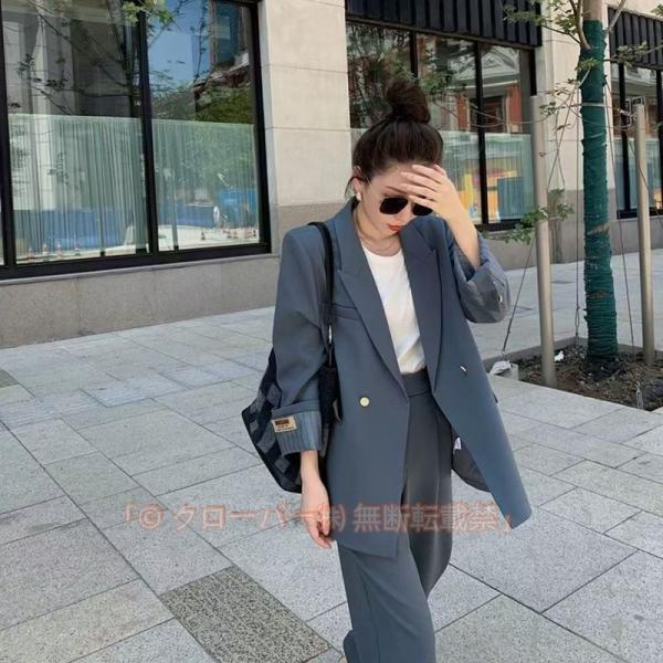 レディースファッション レディース セットアップ スーツ ブラウン グレー ブルー オフィス 2点セット パンツスーツ カジュアルスーツ 通勤 OL S-XL