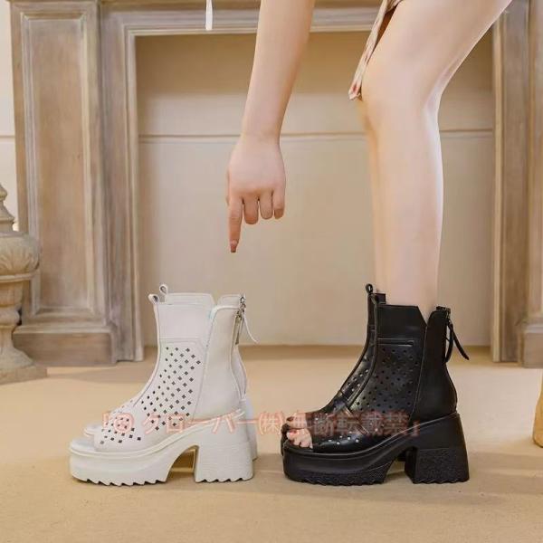 ブーツ 夏 レディース 厚底 本革 サマーブーツ ブーツサンダル 前あき パンチング 春 秋 歩きやすい ハイヒール 痛くない 疲れない 軽量 シューズ 透かし