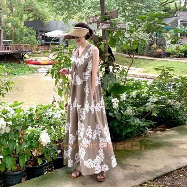 サマードレス 多用途ドレス ムームー ルーズ ノースリーブ ハワイアン柄 花柄ドレス ロング丈 スイングタイプ 薄い プリント Vネック プ