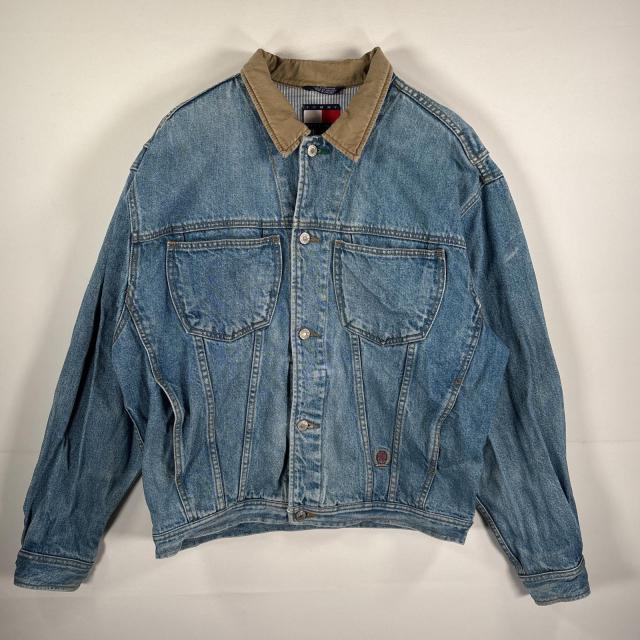 古着 90s/90年代 トミーヒルフィガー   デニム デニムジャケット Gジャン 刺繍ロゴ 襟切り替え M  ブルー系 メンズ