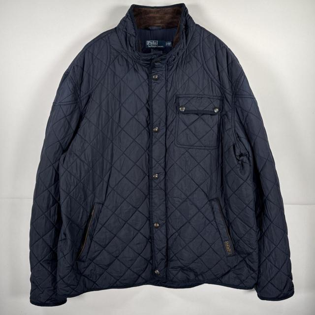 USA古着 ポロ ラルフローレン POLO RALPH LAUREN カバーオール キルティング ジャケット 大きいサイズ フルジップ  中綿 2XL  ネイビー