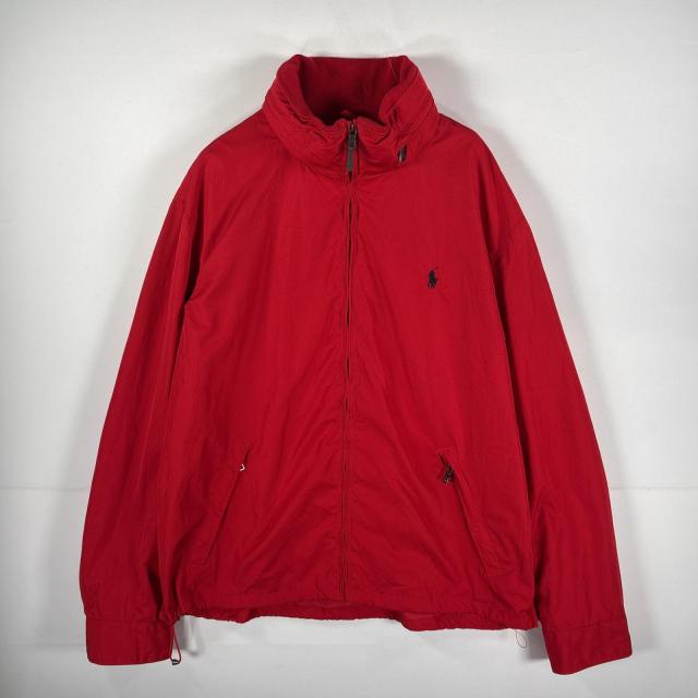 USA古着 90s/90年代 ポロバイラルフローレン Polo by Ralph Lauren ナイロンジャケット ワンポイント刺繍 フード付き XL  レッド メンズ