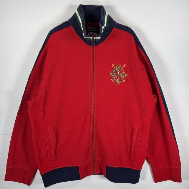 古着 90s/90年代 ポロバイラルフローレン Polo by Ralph Lauren スウェット フルジップ リバースタイプ 刺繍 XL  レッド メンズ