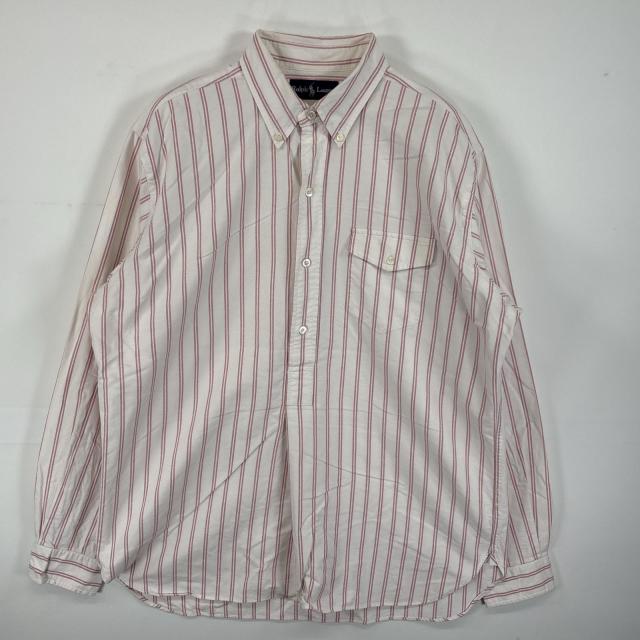 古着 ラルフローレン RALPH LAUREN 長袖シャツ グランパシャツ プルオーバー フラップポケ L  ホワイト系 ストライプ メンズ