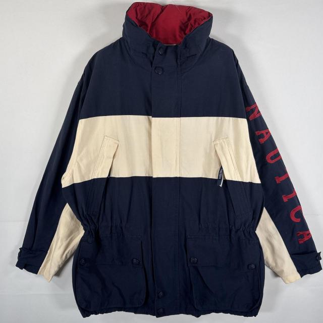 古着 90s/90年代 ノーティカ NAUTICA セーリングジャケット ビッグ刺繍ロゴ 収納フード付き 絞り調整可 M ベージュ ネイビー メンズ