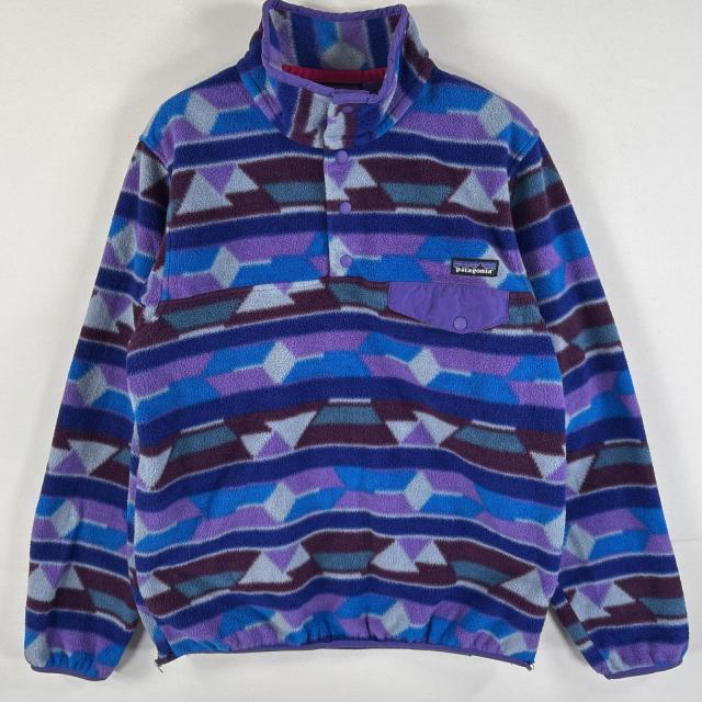 古着 パタゴニア patagonia フリースジャケット シンチラ ハーフボタン フラップポケット ワンポイントロゴ S  ブルー系 総柄 レディース
