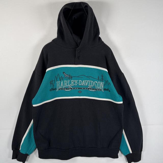 古着 ハーレーダビッドソン HARLEY DAVIDSON USA製 パーカー ハーフボタン 両面プリント ラバープリント フーディー L  ブラック メンズ