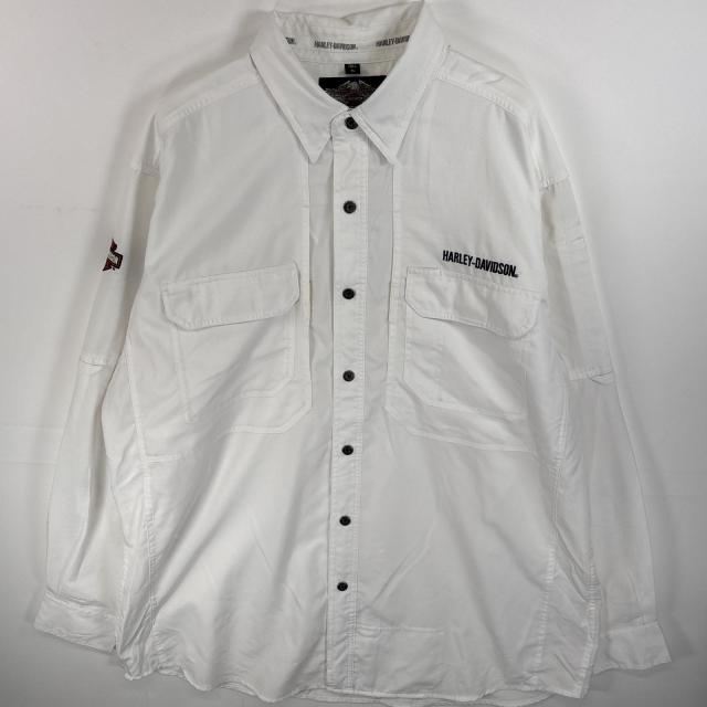 古着 ハーレーダビッドソン HARLEY DAVIDSON 長袖シャツ ボタンダウンシャツ メタルボタン 刺繍 ロゴ XL  ホワイト 無地 メンズ