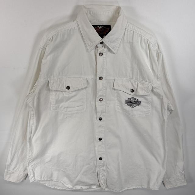 古着 ハーレーダビッドソン HARLEY DAVIDSON 長袖シャツ ボタンダウンシャツタイプ フラップポケ ワンポイント 刺繍 L ホワイト 無地
