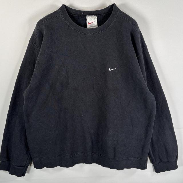 古着 90s/90年代 ナイキ NIKE スウェット ワンポイントロゴ刺繍 スウッシュ クルーネック トレーナー L  ブラック メンズ