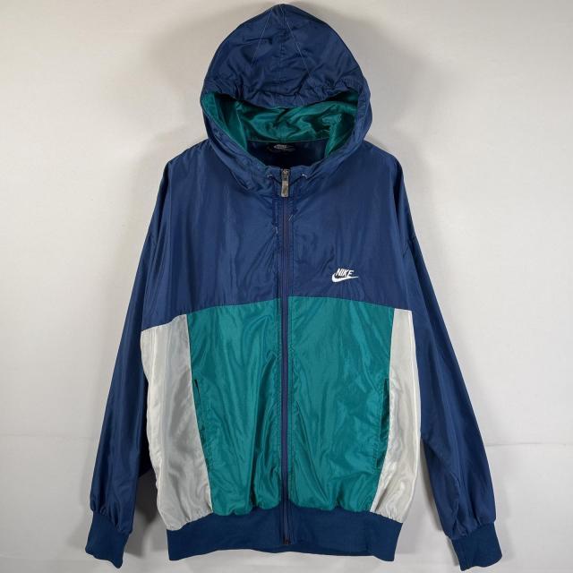 古着 80s/80年代 ヴィンテージ ナイキ NIKE ナイロンジャケット ワンポイントロゴ刺繍 スウッシュ L  ブルー マルチカラー メンズ