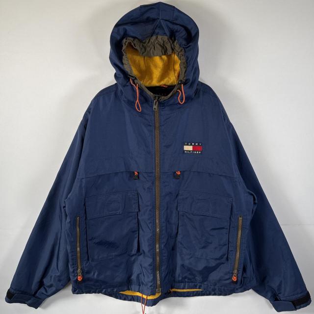 古着 90s/90年代 トミーヒルフィガー   ナイロンジャケット ワンポイント フルジップ 大きいサイズ XL  ネイビー メンズ