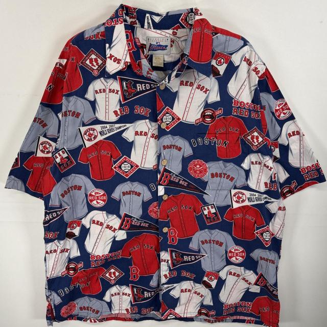 古着 レインスプーナー REYNSPOONER 半袖シャツ レッドソックス アロハシャツ ハワイ製 XXL  ネイビー系 総柄 メンズ