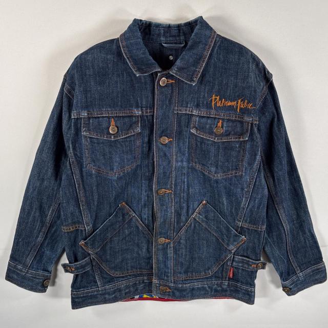 古着 プラチナムフブ PLATINUM FUBU デニムジャケット ジージャン ビッグバック刺繍デザイン 裏地キャラクター M インディゴブルー