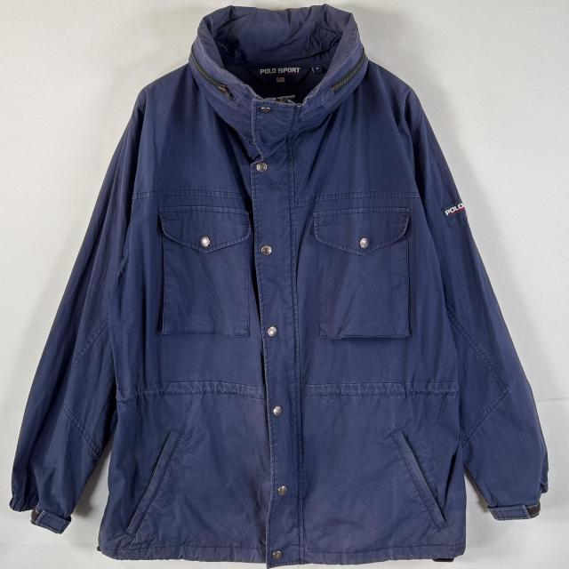 古着 80s〜90s/80年代〜90年代 ポロスポーツ POLO SPORTS コットンジャケット ワンポイントロゴ ロング丈 フルジップ M ネイビー