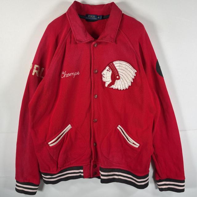 古着 ポロ・ラルフローレン POLO RALPH LAUREN バーシティジャケット 大きいサイズ スウェット スタジャン ワッペン XXL  レッド メンズ