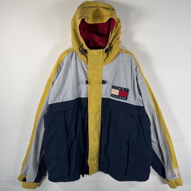 古着 90s/90年代 トミーヒルフィガー   ナイロンジャケット 大きいサイズ サーフ系ライン XL ネイビー マルチカラー