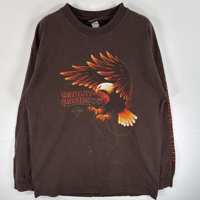 古着 ハーレーダビッドソン HARLEY DAVIDSON 長袖Tシャツ 両面 ラバープリント 鷹 袖 ロゴプリント LARGE  ブラウン系 メンズ