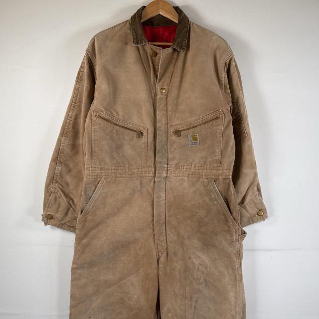 古着 70s/70年代 ヴィンテージ カーハート Carhartt 長袖 つなぎ ダック 作業着 オールインワン 中綿 フェード ダメージ TALON ベージュ